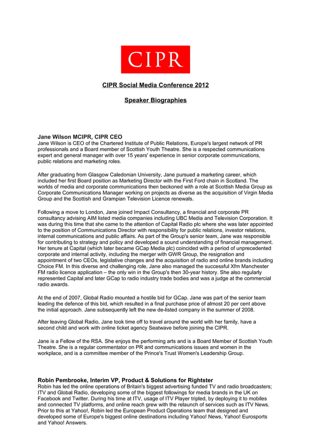 Cipr social media conference 2012 speaker biographies | PDF