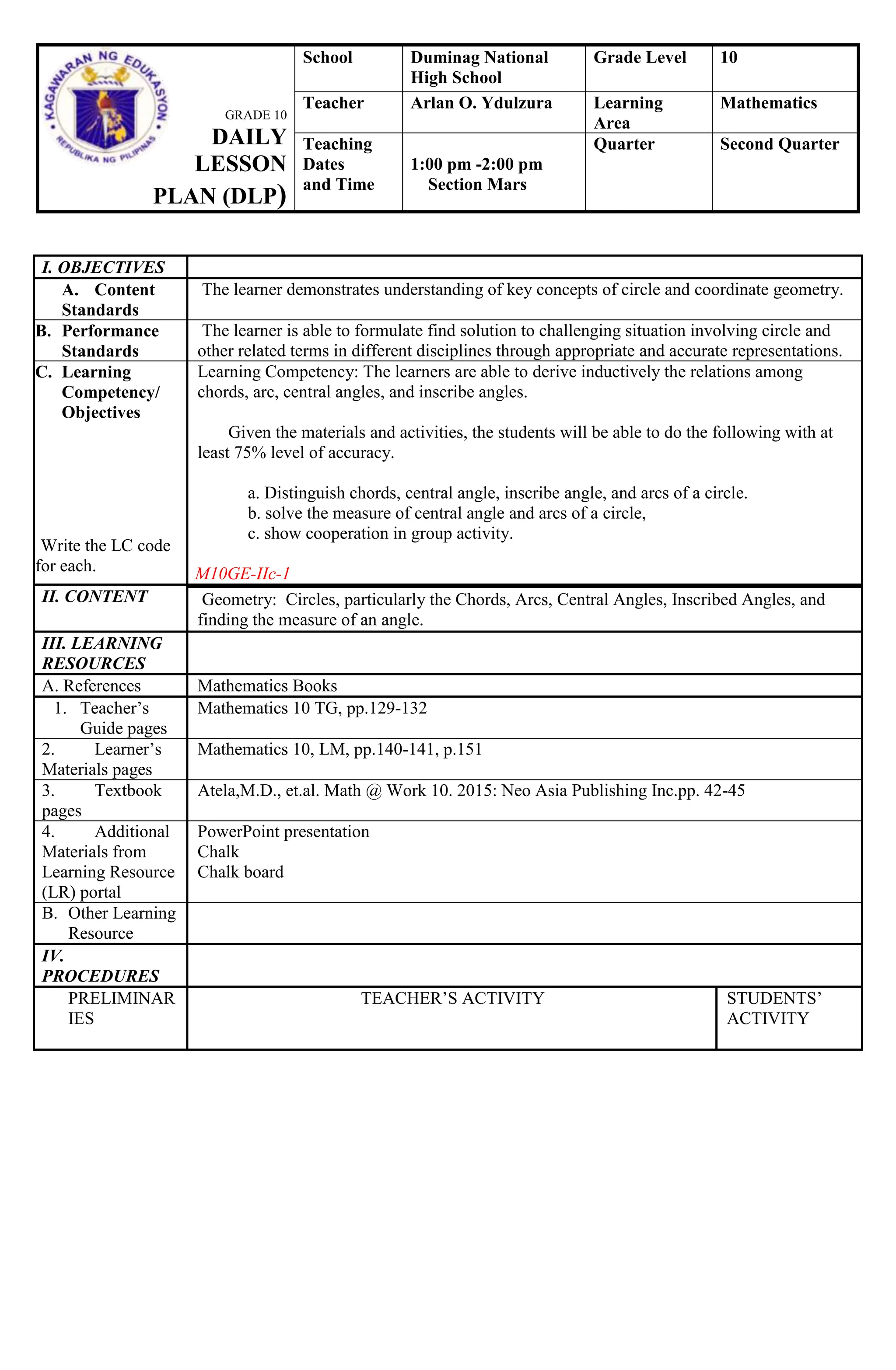 Circle lesson plan, chords, arcs, segments, arcs | DOCX