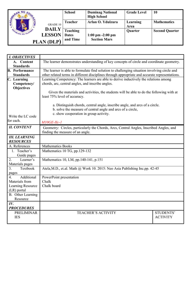 Circle lesson plan, chords, arcs, segments, arcs | PDF