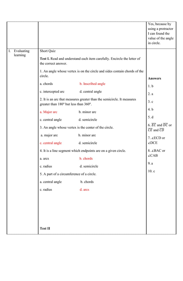 Circle lesson plan, chords, arcs, segments, arcs | PDF
