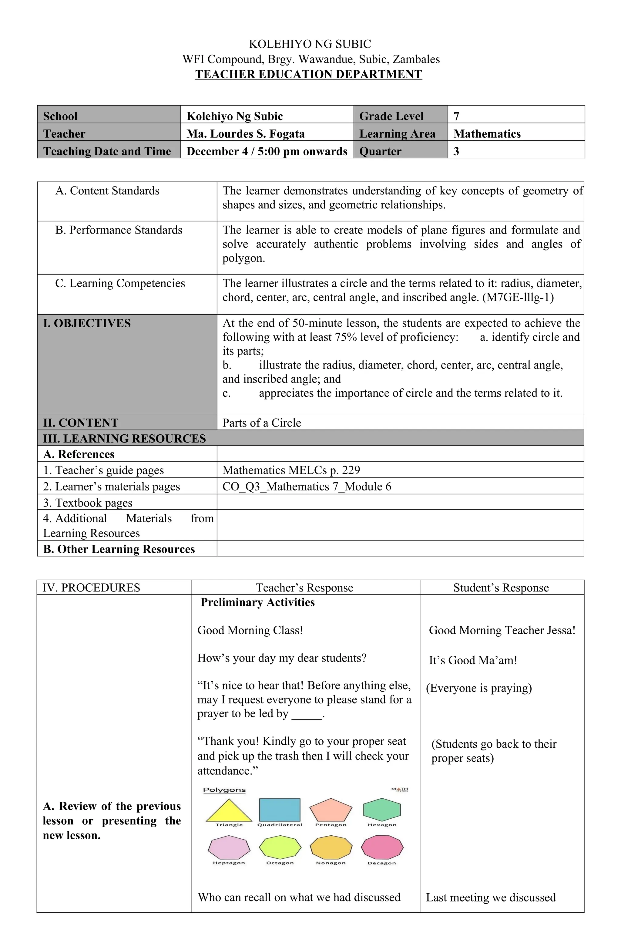 CIRCLE Detailed lesson plan about parts of a circle | DOCX