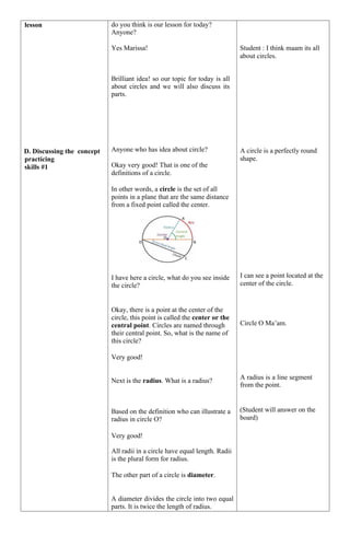 CIRCLE Detailed lesson plan about parts of a circle | DOCX