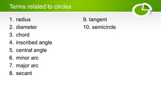 CIRCLES and its parts: Tangent, secant ,radius, diameterptx | PPT