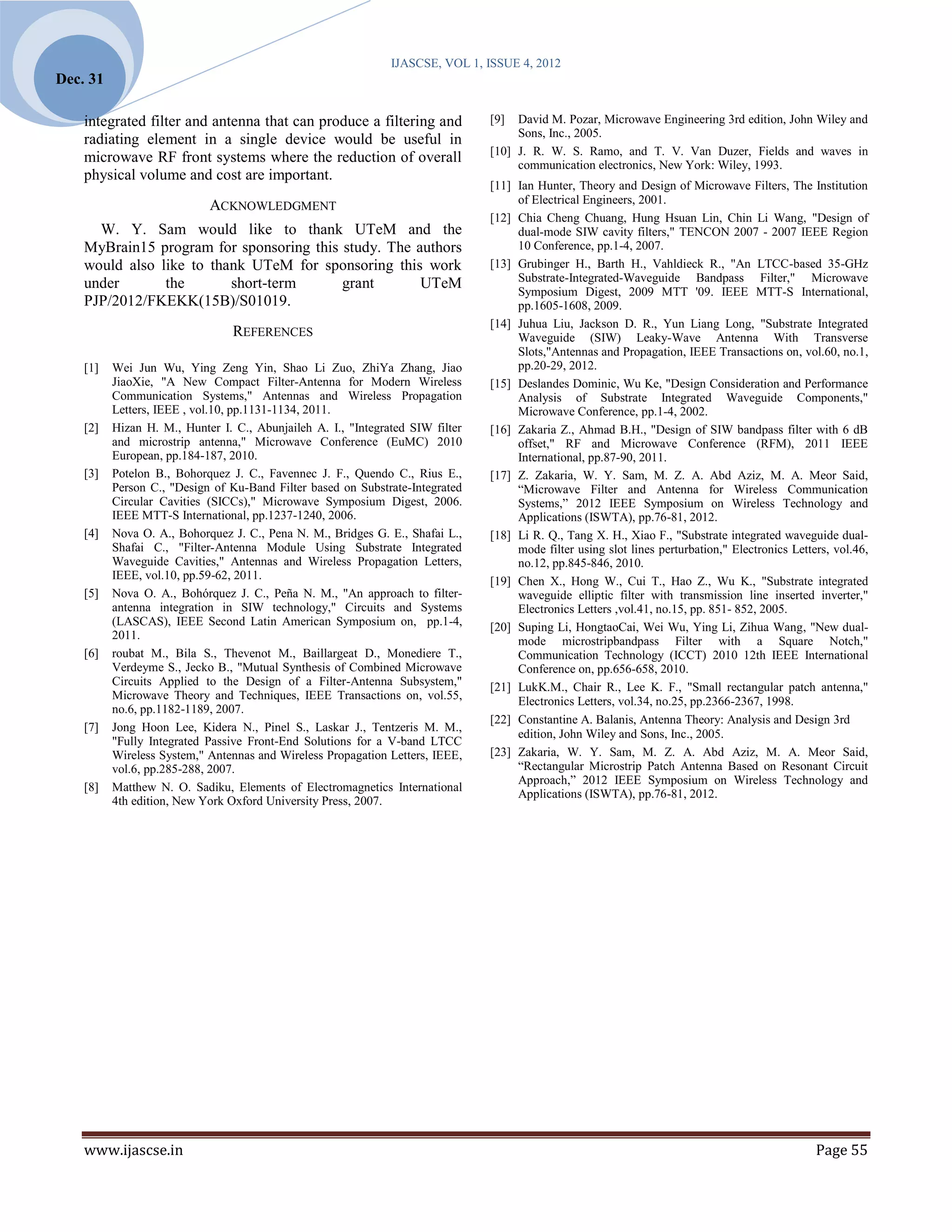 Investigation Of Integrated Rectangular Siw Filter And Rectangular Microstrip Patch Antenna
