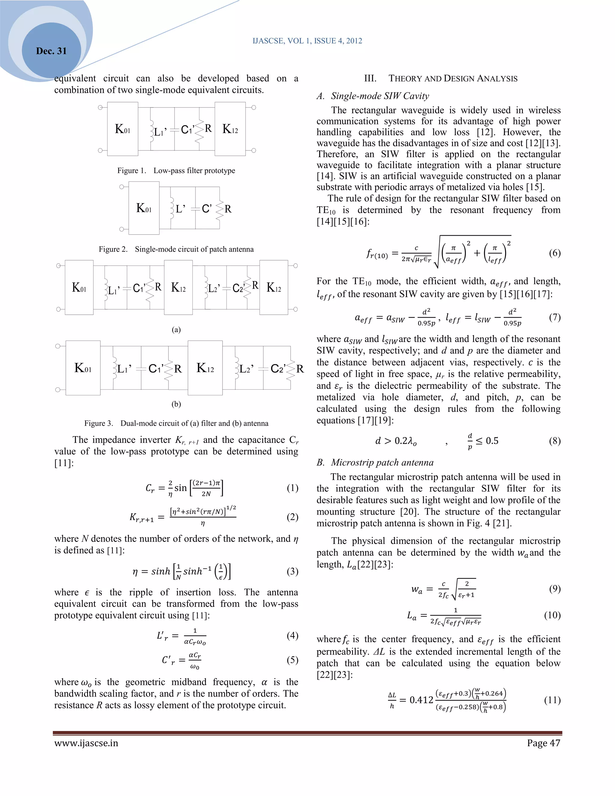 Investigation Of Integrated Rectangular Siw Filter And Rectangular Microstrip Patch Antenna