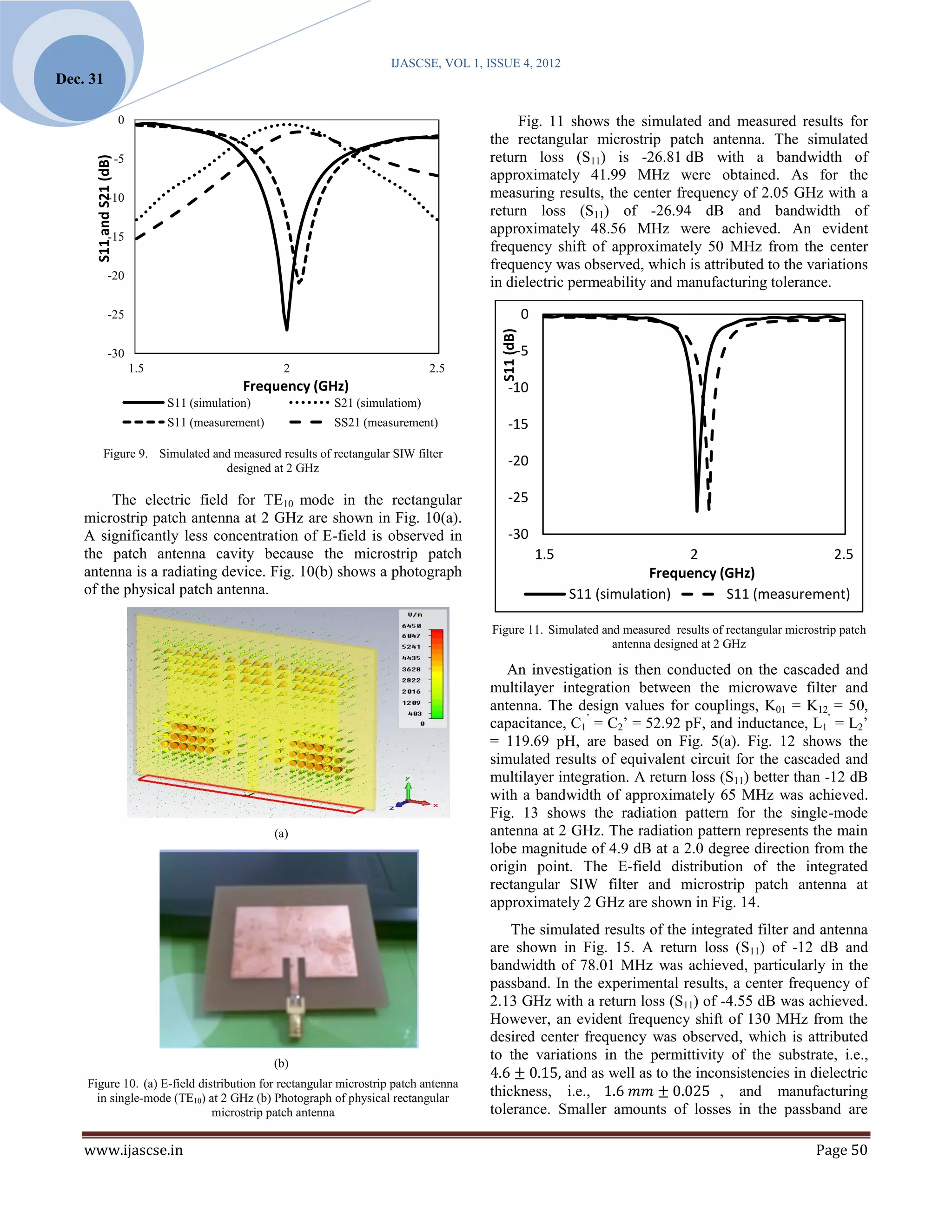 Investigation Of Integrated Rectangular Siw Filter And Rectangular Microstrip Patch Antenna