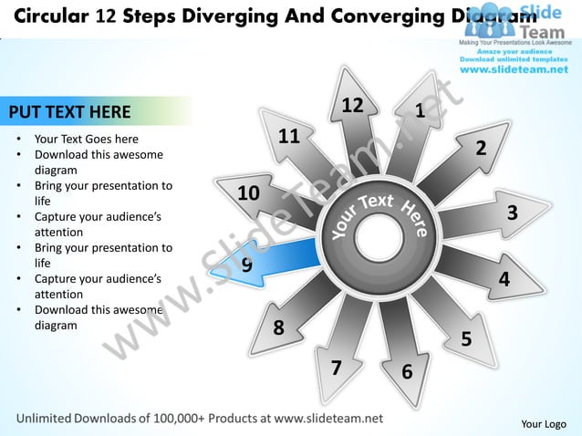 Circular 12 steps diverging and converging diagram flow layout process power point slides | PDF ...