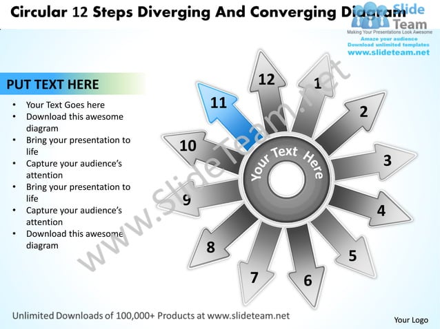 Circular 12 steps diverging and converging diagram flow layout process power point slides | PPT