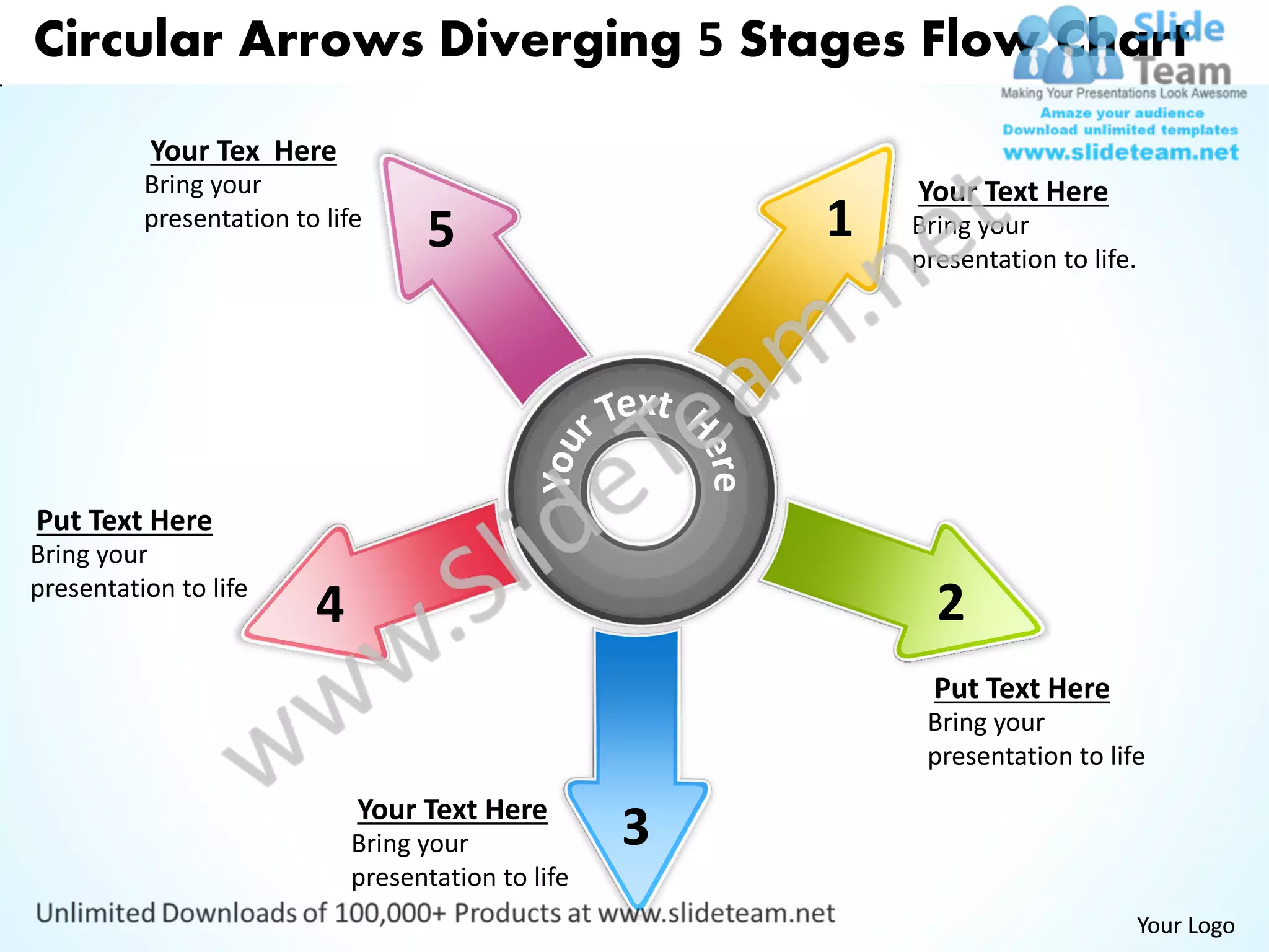 Circular arrows diverging 5 stages flow chart layout process power ...