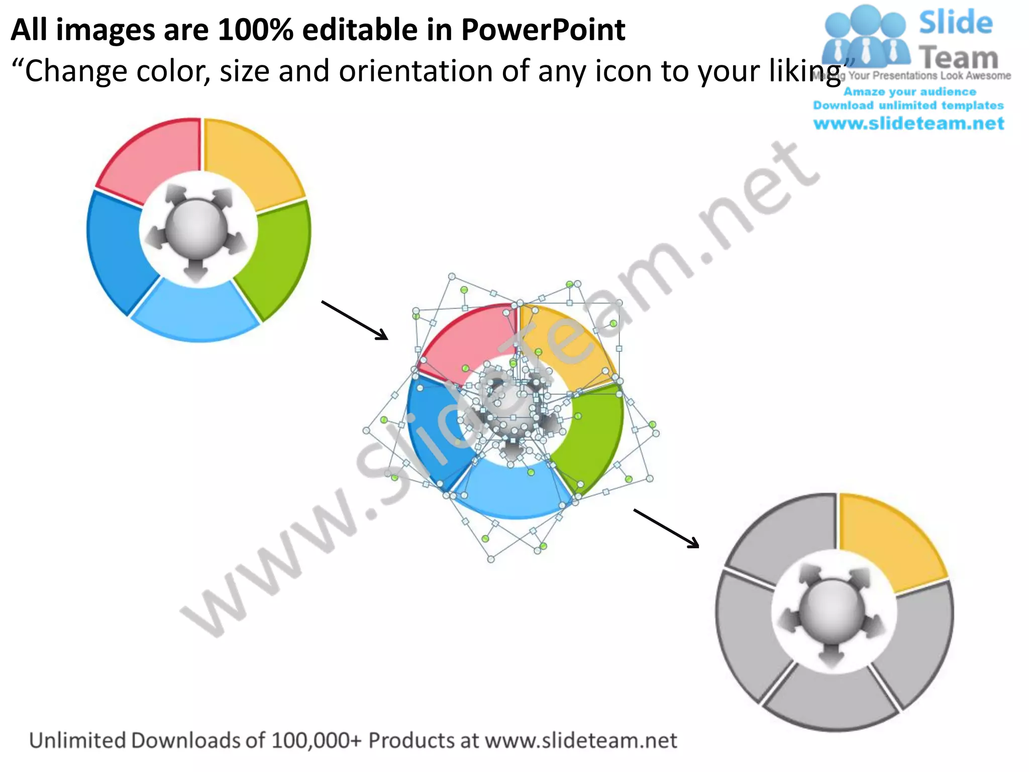 Circular flow chart converging factors 5 stages arrows software power ...