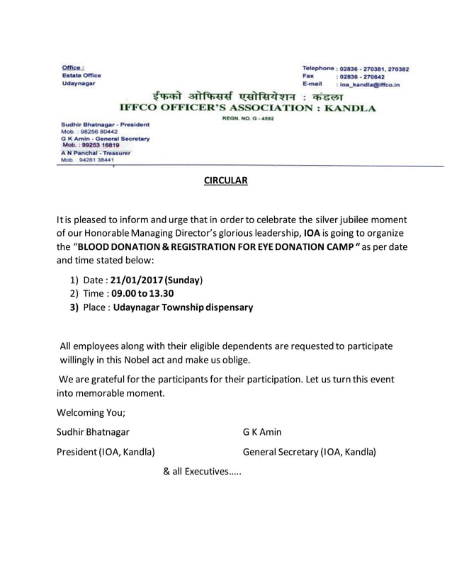 Circular for blood & eye donation camp | DOCX