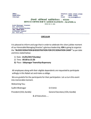 Circular for blood & eye donation camp | PDF