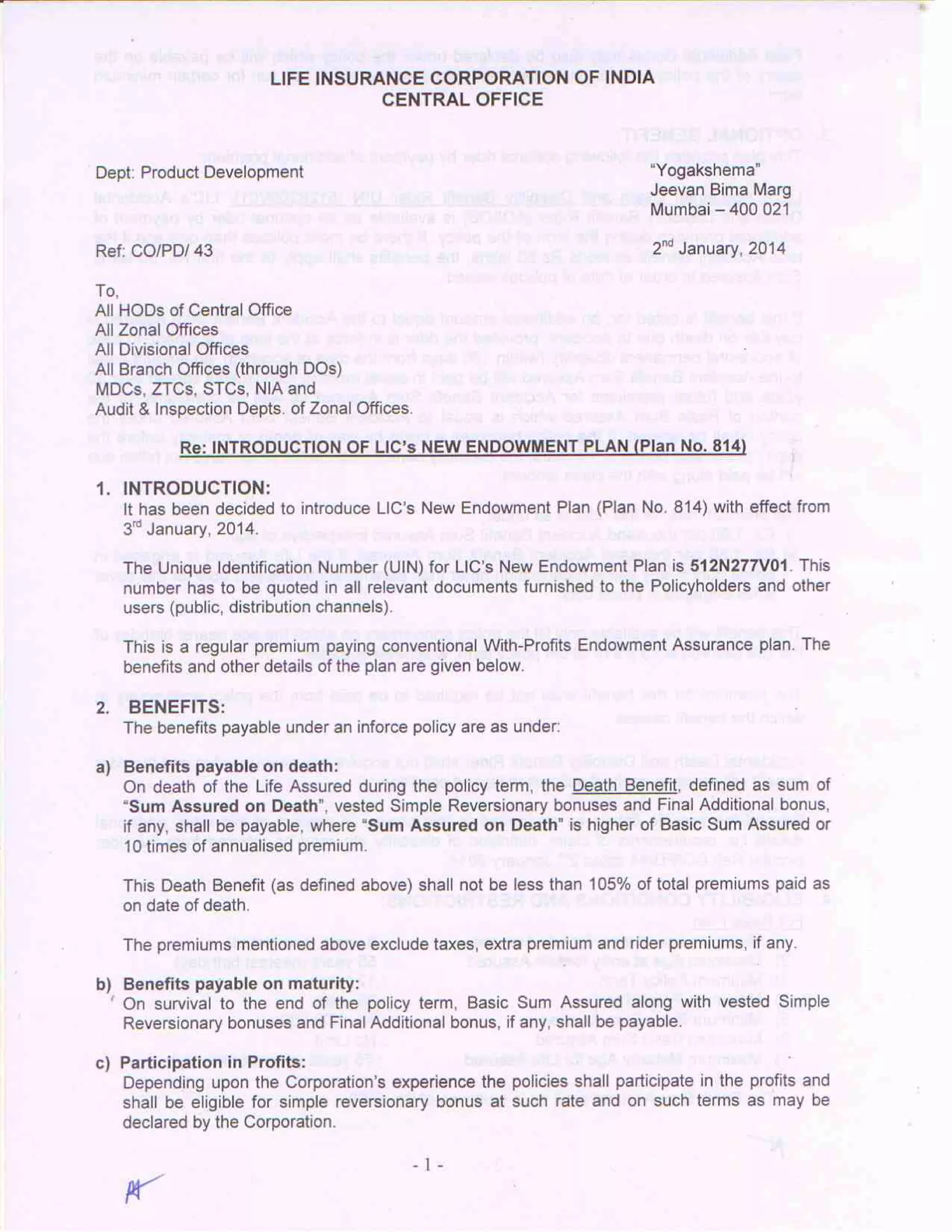 Circular for lic new endowment plan t no. 814 | PDF