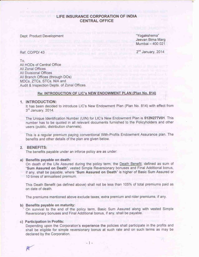 Circular for lic new endowment plan t no. 814 | PDF