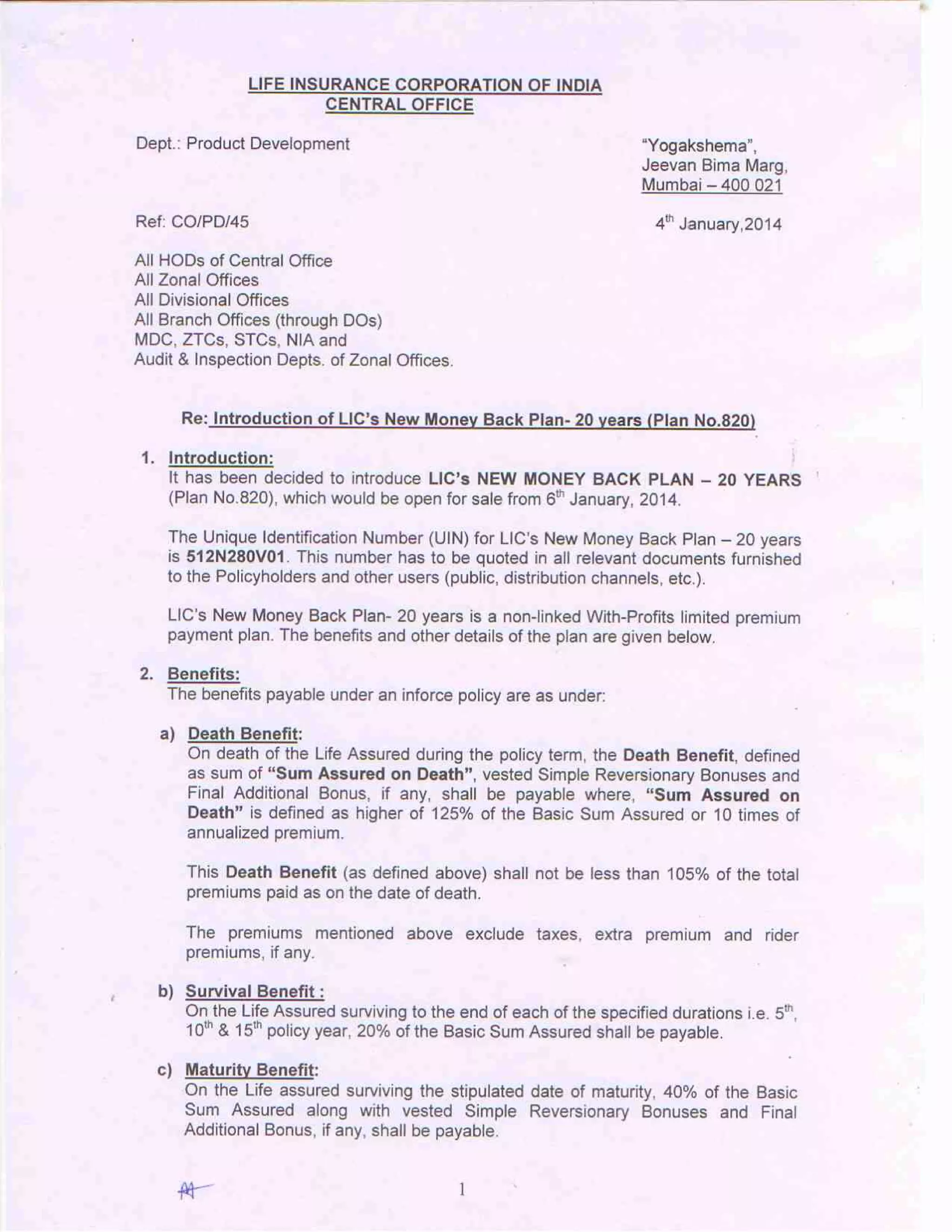 Circular for lic new money back plan - 20 years Table No. 820 | PDF