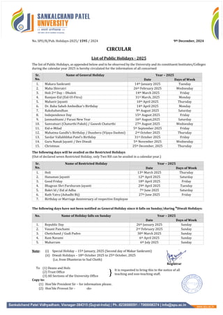 holidays 2025 Gujarat Sankalchand Patel university | PDF