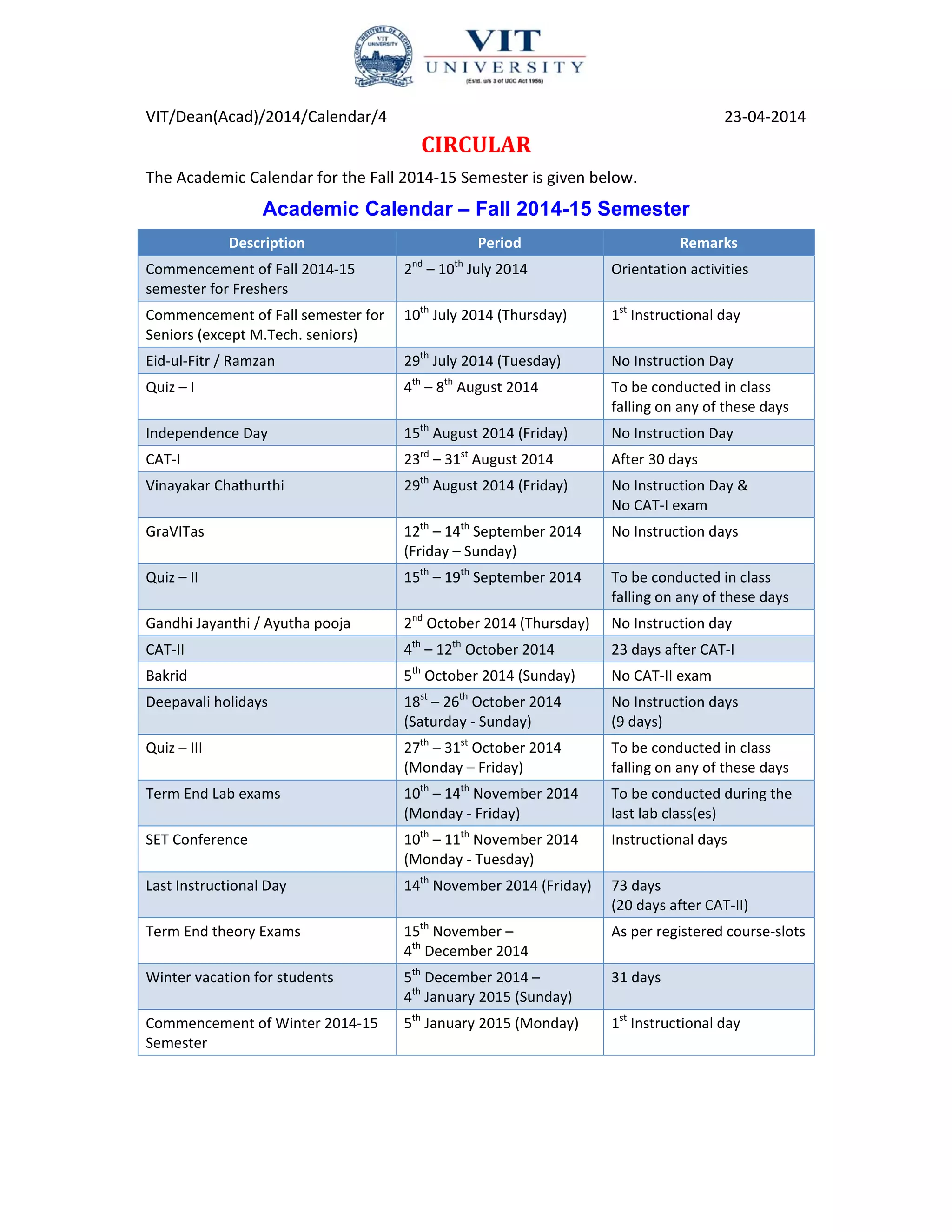 Circular on academic calendar for fall 2014-2015 semester VIT | PDF
