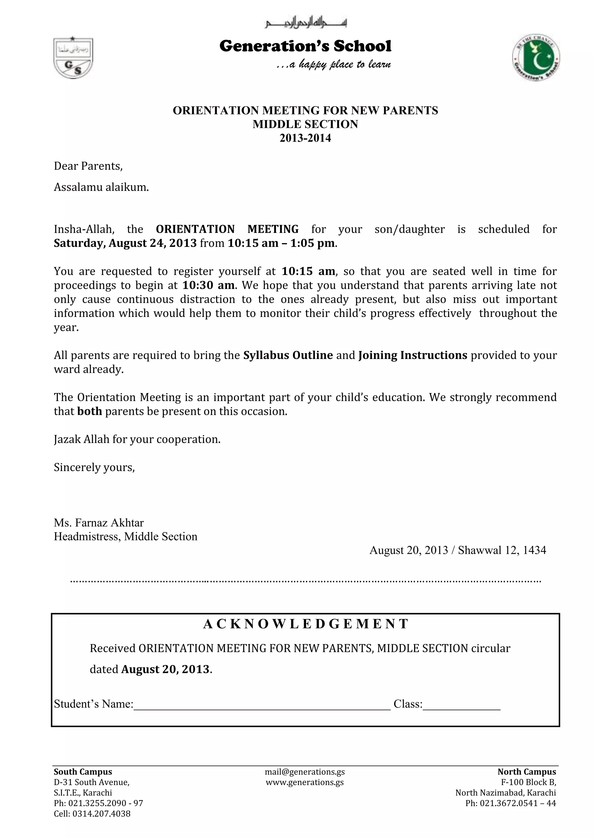 Orientation Meeting Circular for Class VII Parents and New Parents | DOCX