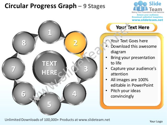 Circular progress graph 9 stages powerpoint templates 0712