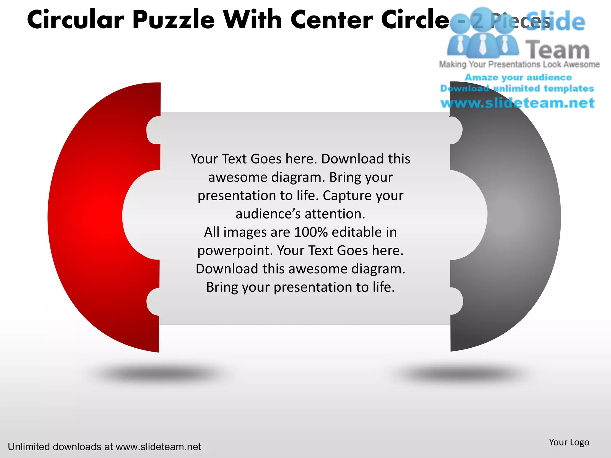 Circular puzzle pie chart with center circle 2 and 3 pieces power point ...
