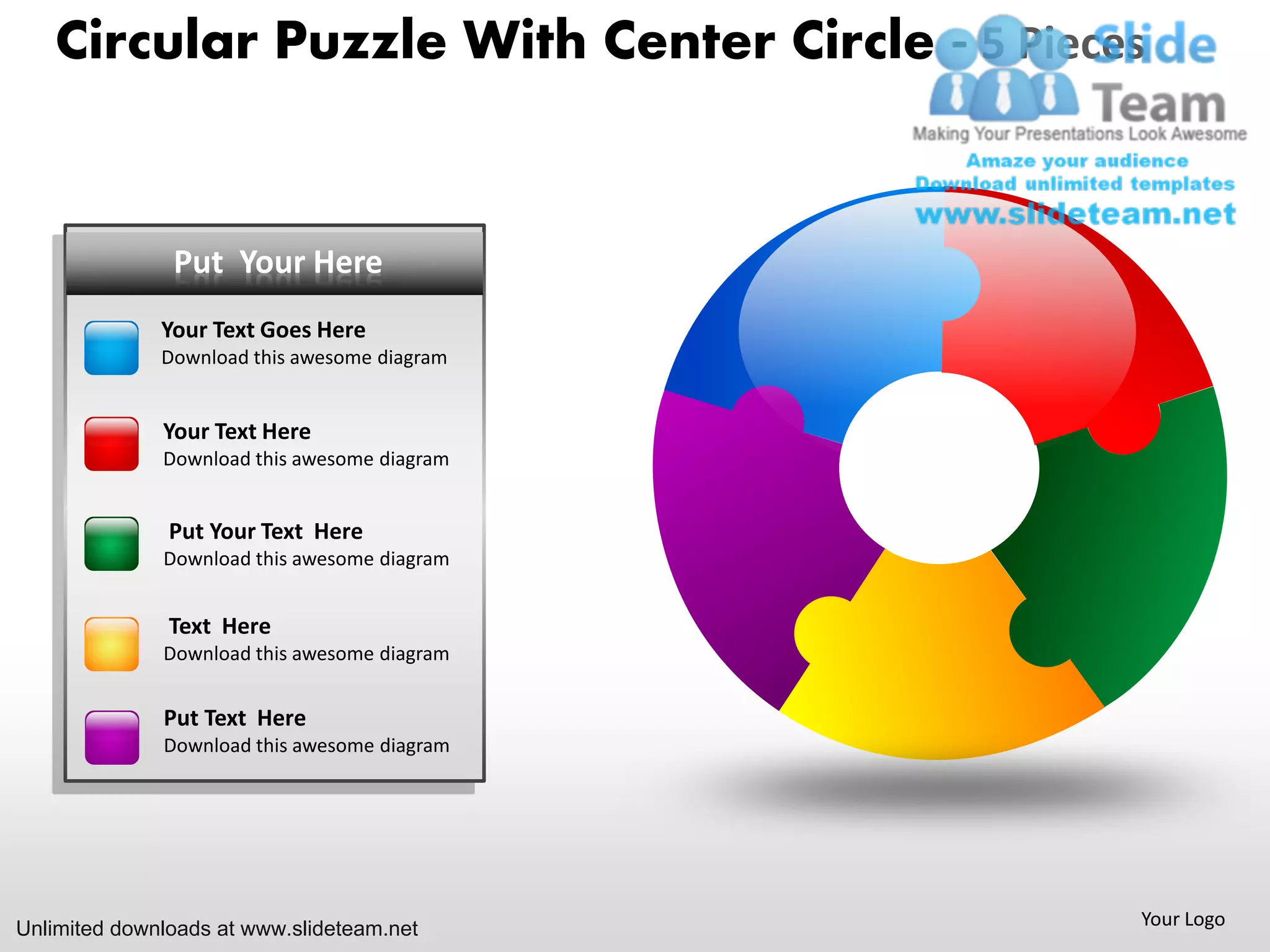 Circular puzzle with center circle 5 pieces power point slides and ppt ...