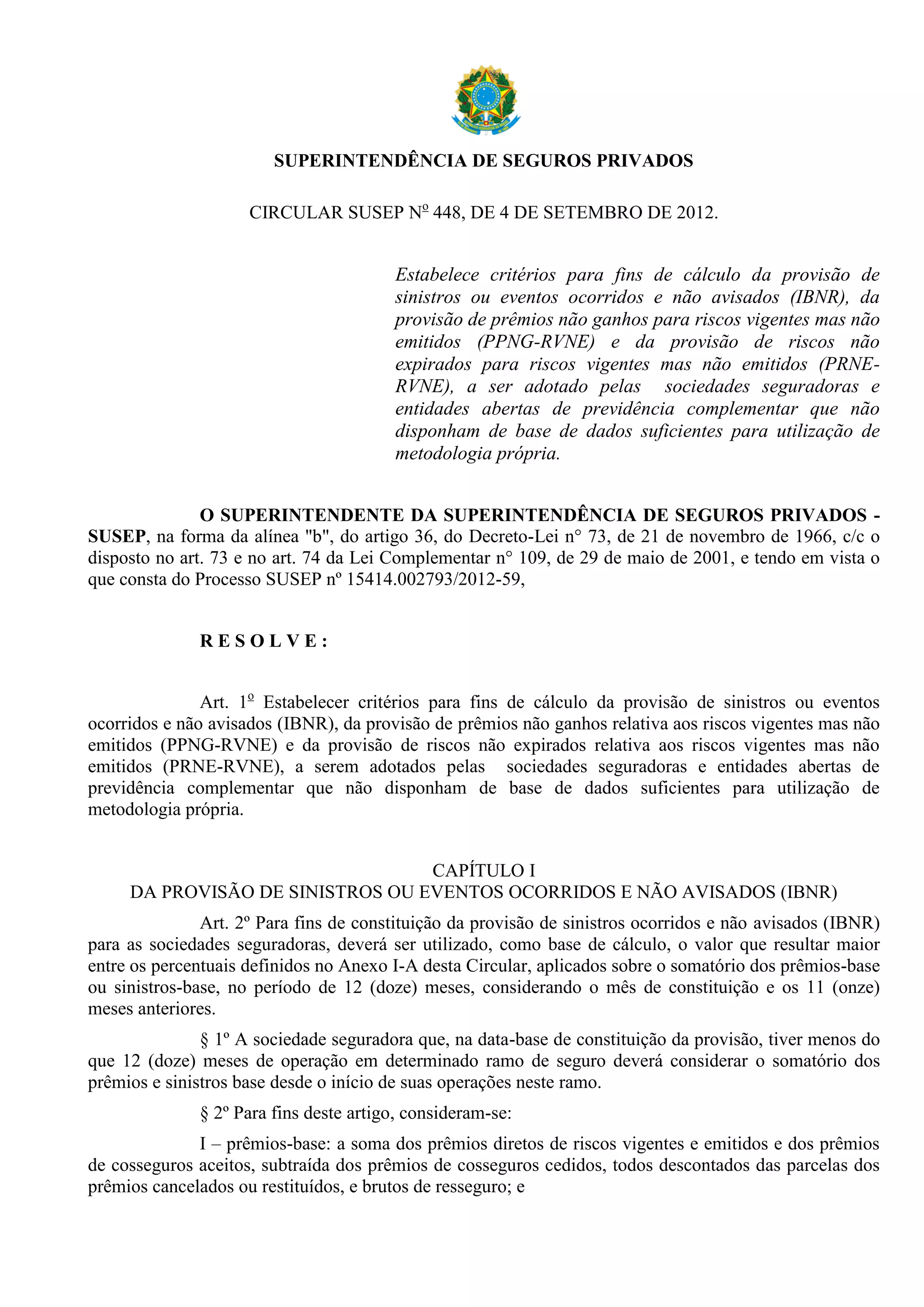 Circular SUSEP 448 - critérios e percentuais de IBNR e RVNE | PDF