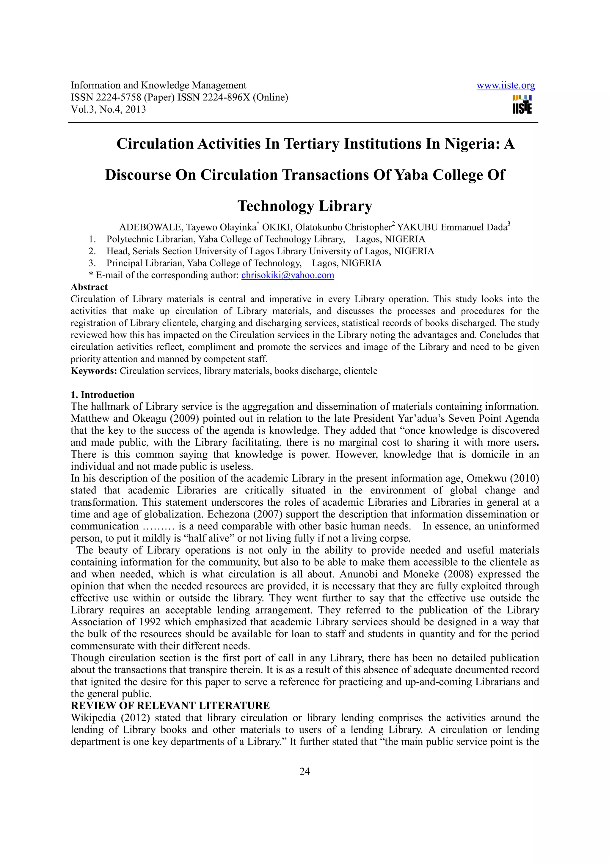 Circulation activities in tertiary institutions in nigeria | PDF