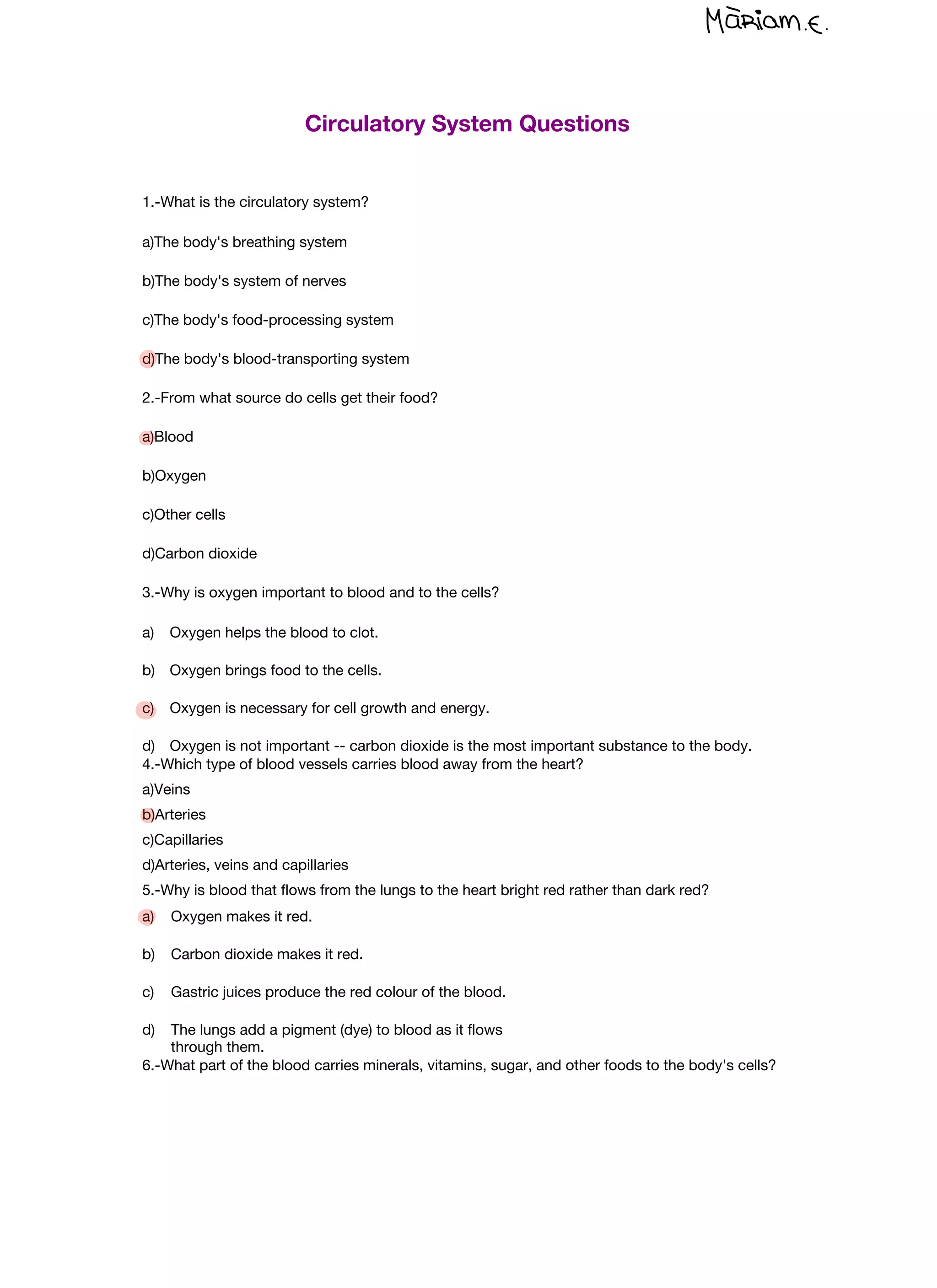 Circulatory system questions | PDF