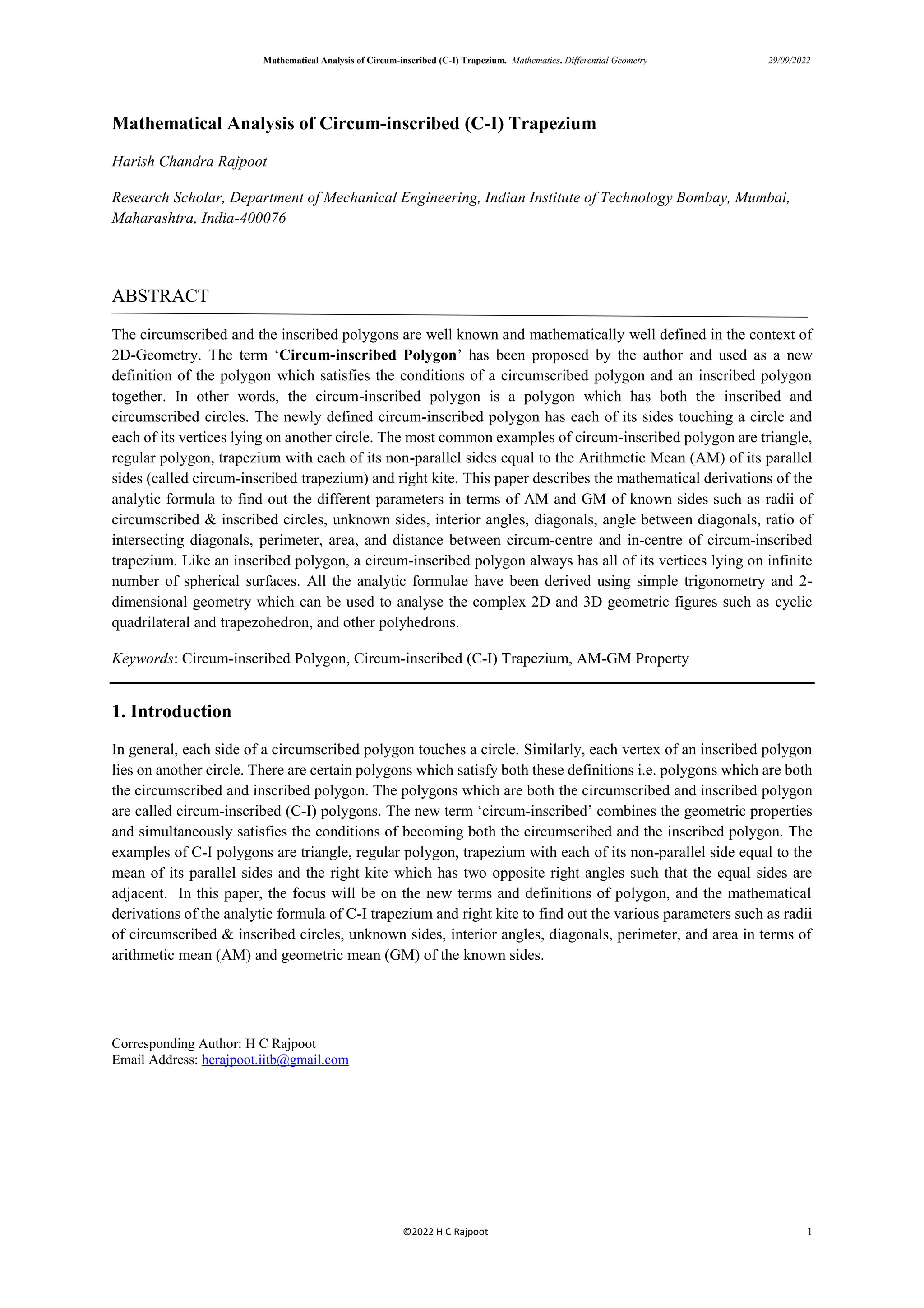 Mathematical Analysis of Circum-inscribed (C-I) Trapezium | PDF ...