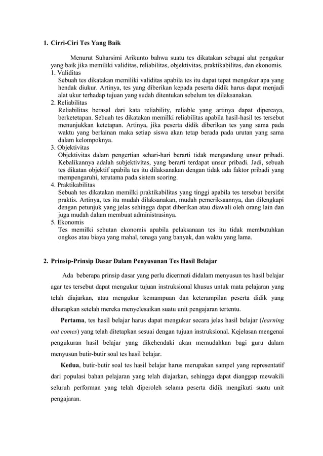 Ciri tes hasil belajar | PDF