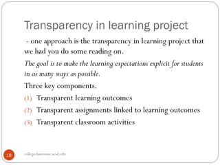CIRTL Spring 2016 College Classroom Meeting 9: Transparency | PDF