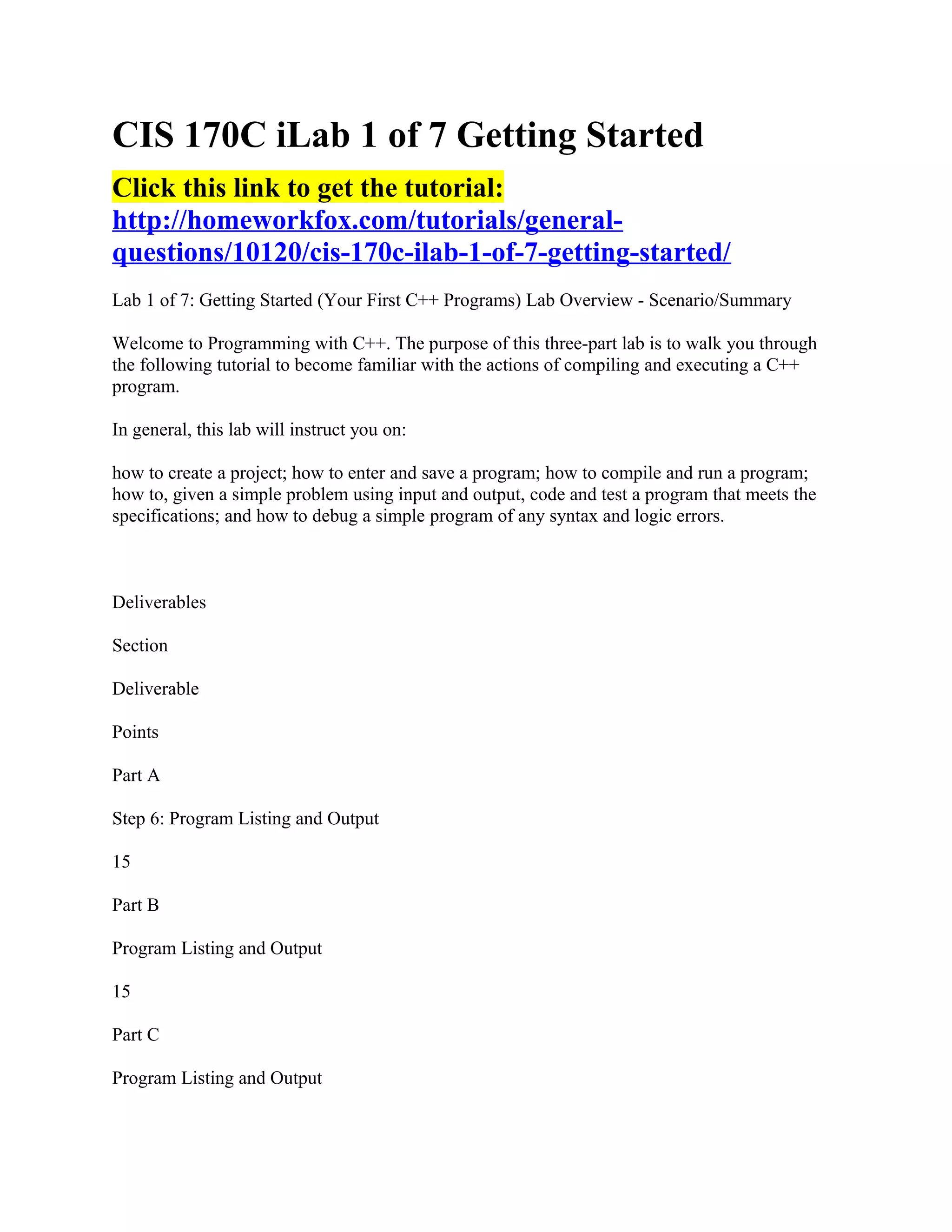 Cis 170 c ilab 1 of 7 getting started | PDF