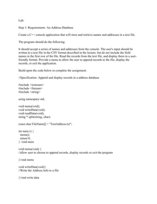 Cis 170 c ilab 7 of 7 sequential files | DOC | Programming Languages | Computing