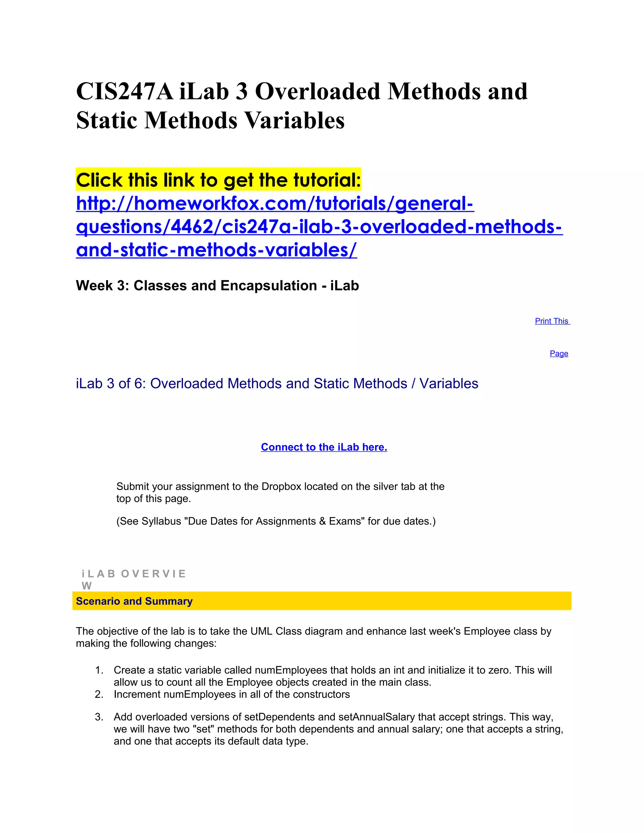 Cis247 a ilab 3 overloaded methods and static methods variables | PDF