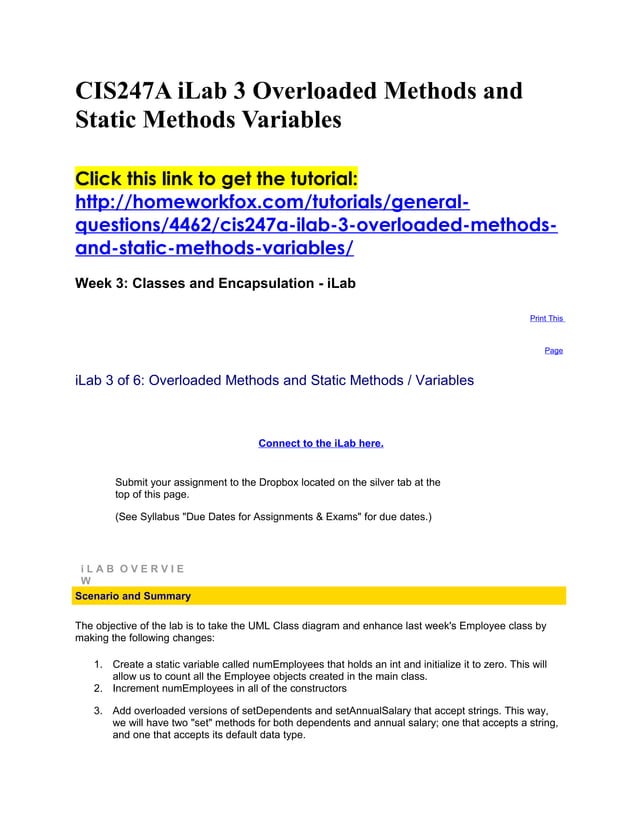 Cis247 a ilab 3 overloaded methods and static methods variables | PDF