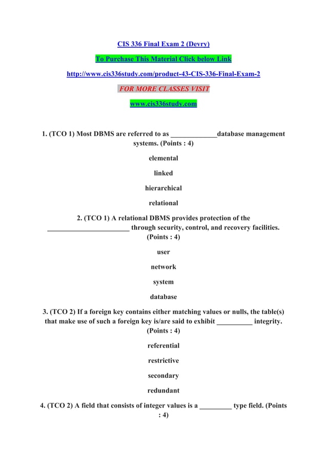 CIS 336 Final Exam 2 (Devry)s | PDF