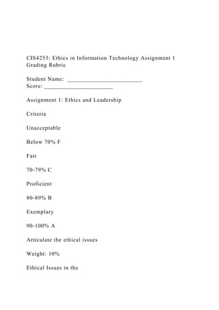 CIS4253 Ethics in Information Technology Assignment 1 Grading.docx