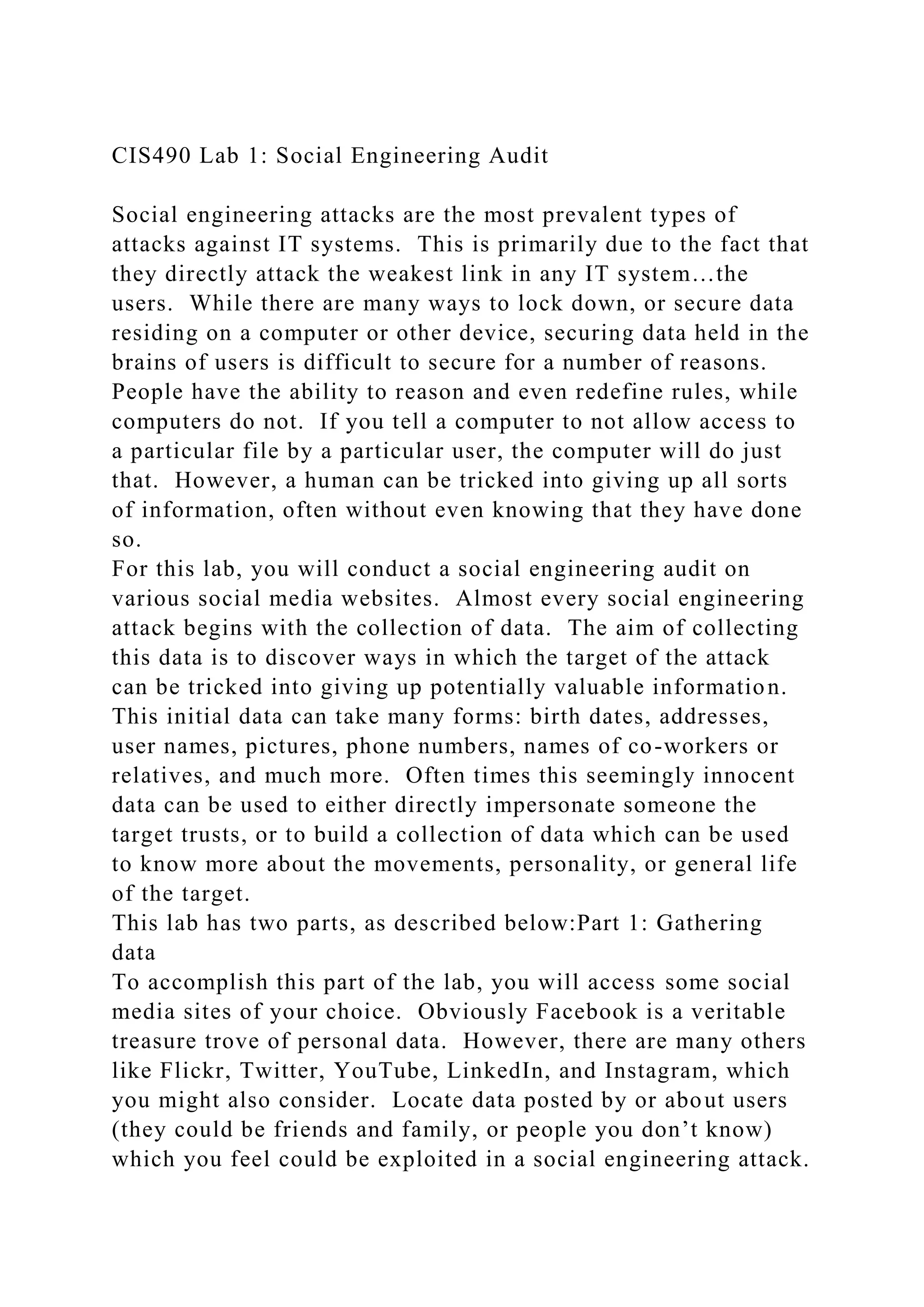 CIS490 Lab 1 Social Engineering AuditSocial engineering attacks.docx