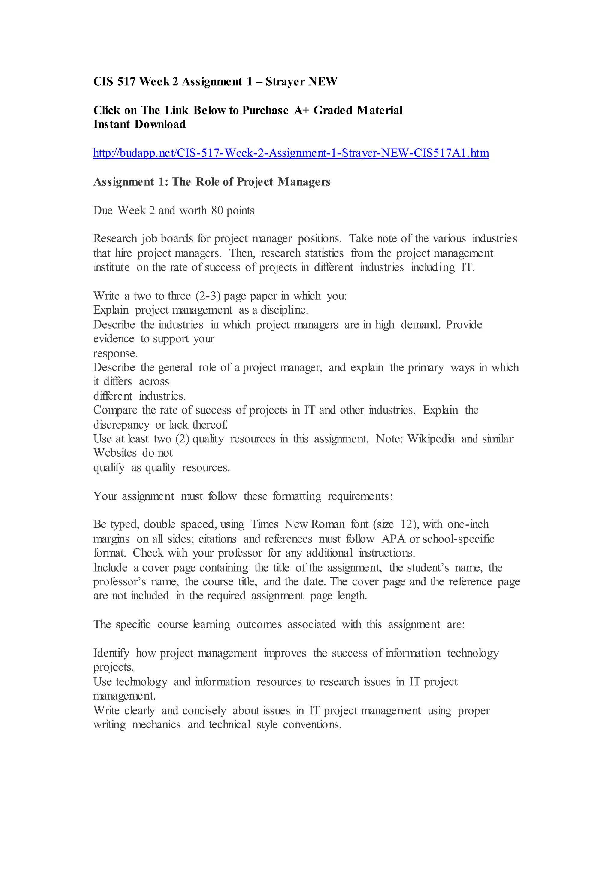 Cis 517 week 2 assignment 1 strayer | PDF