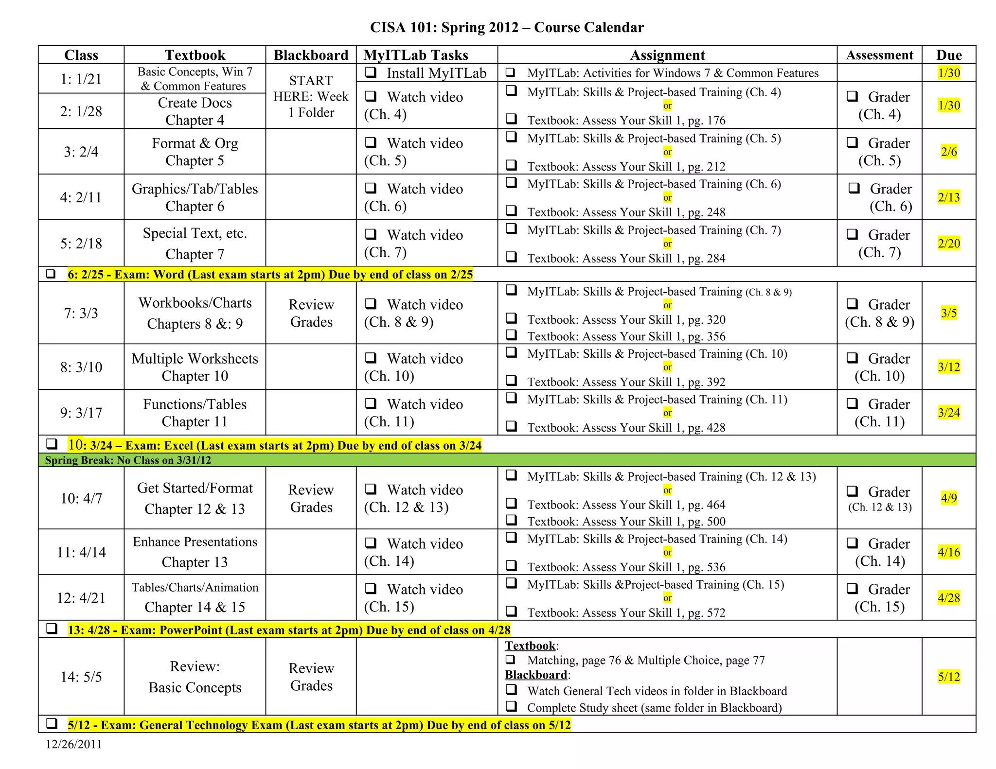 CISA 101 Course Calendar SP12 Billing | DOC