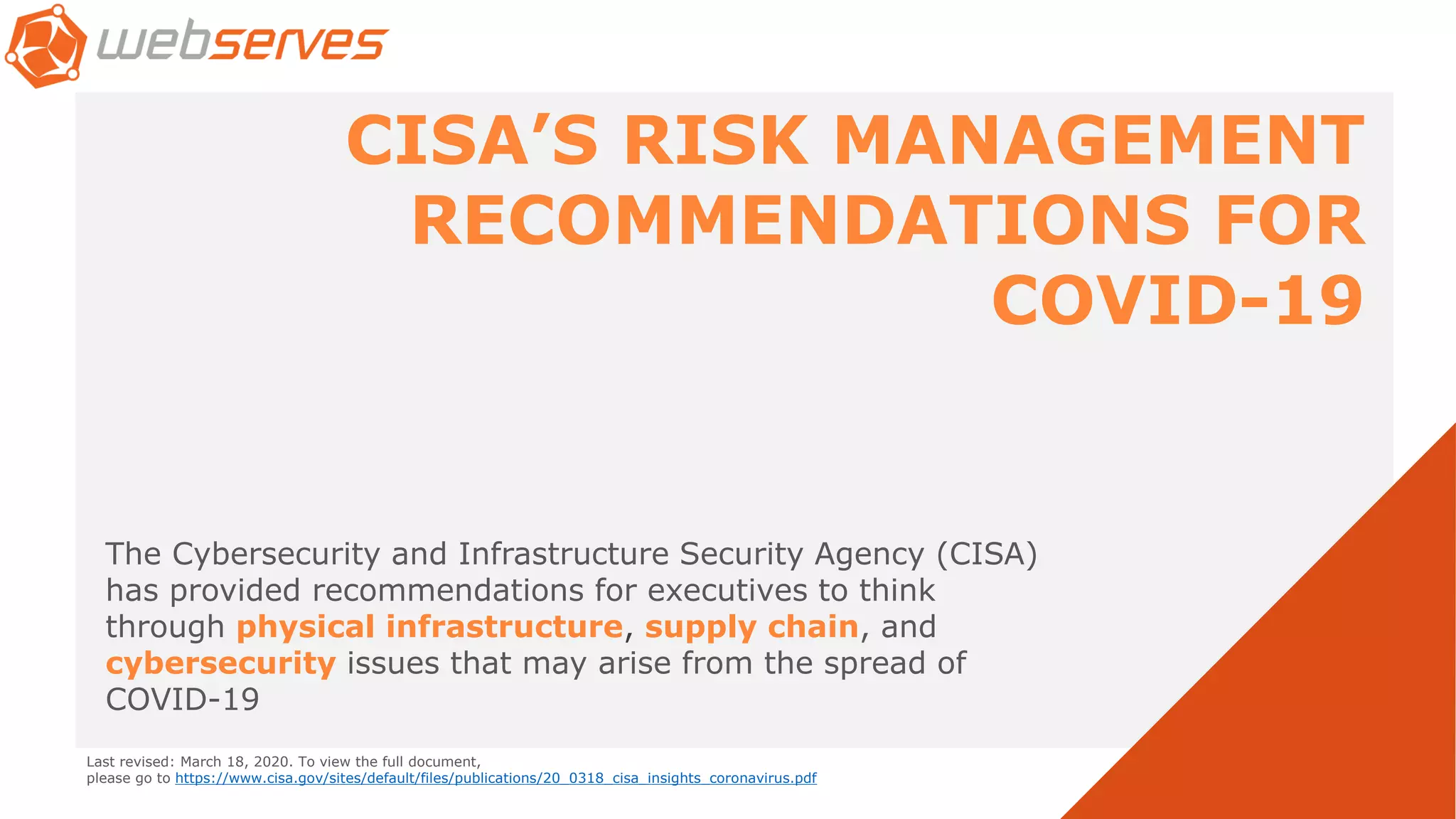 Inforgraphic: Risk Management Recommendations for Covid-19 by CISA ...