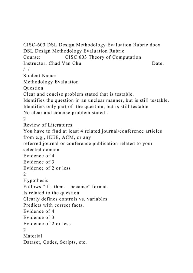 CISC-603 DSL Design Methodology Evaluation Rubric.docxDSL Desi.docx | Educational Assessment ...
