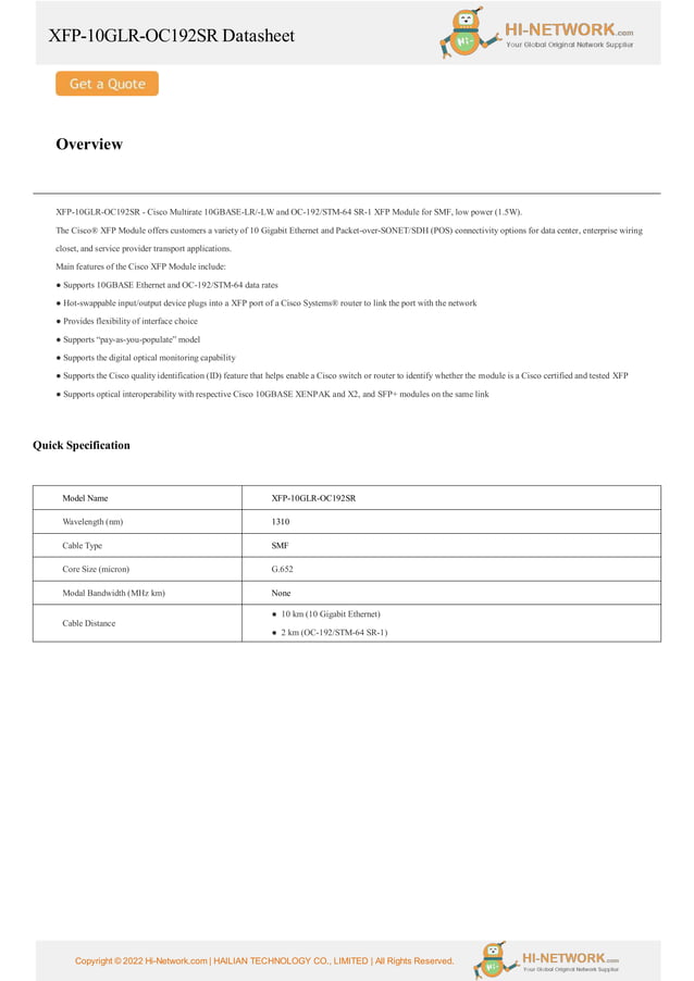 cisco-xfp-10glr-oc192sr-datasheet.pdf | Computer Networking | Computing