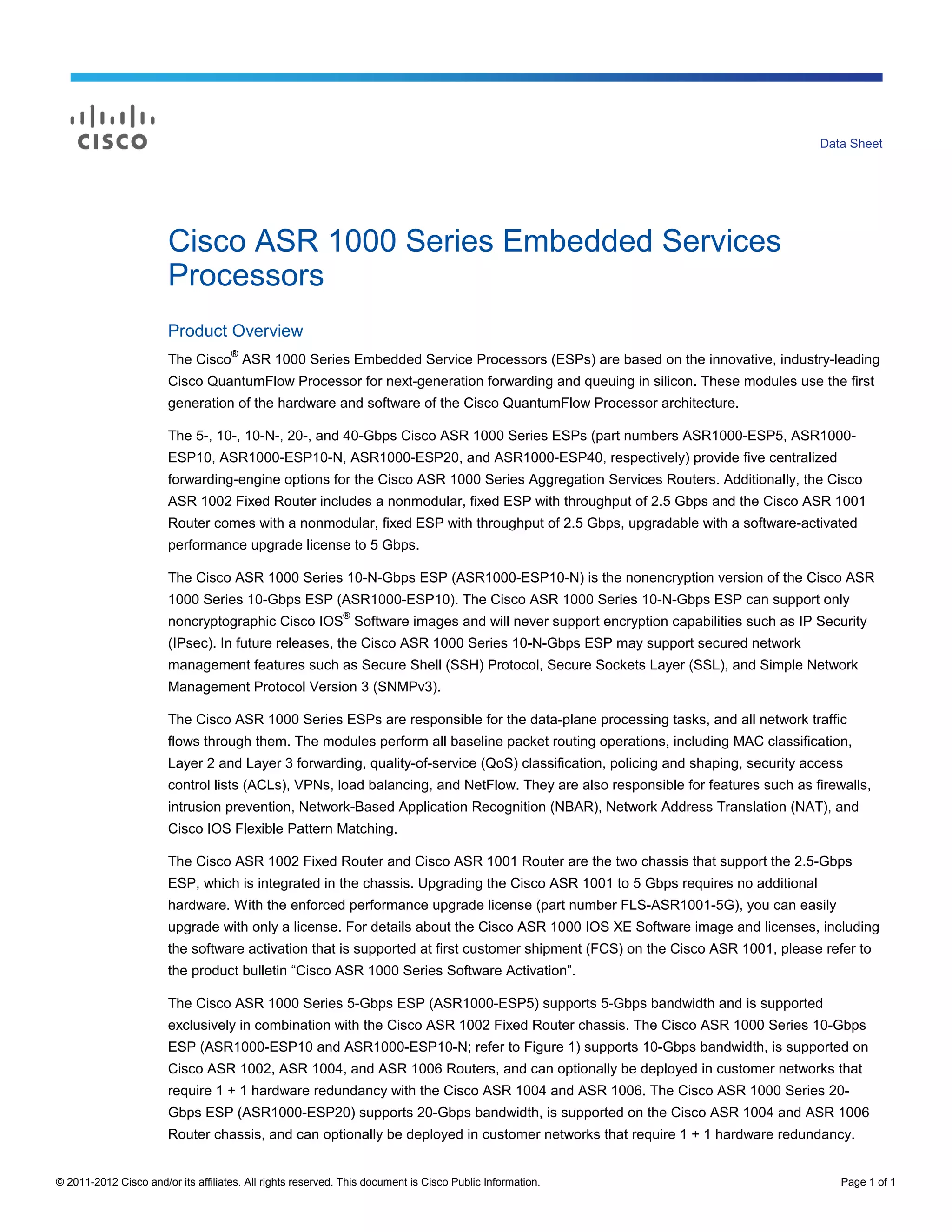 Cisco asr 1000 series embedded services processors data sheet. | PDF