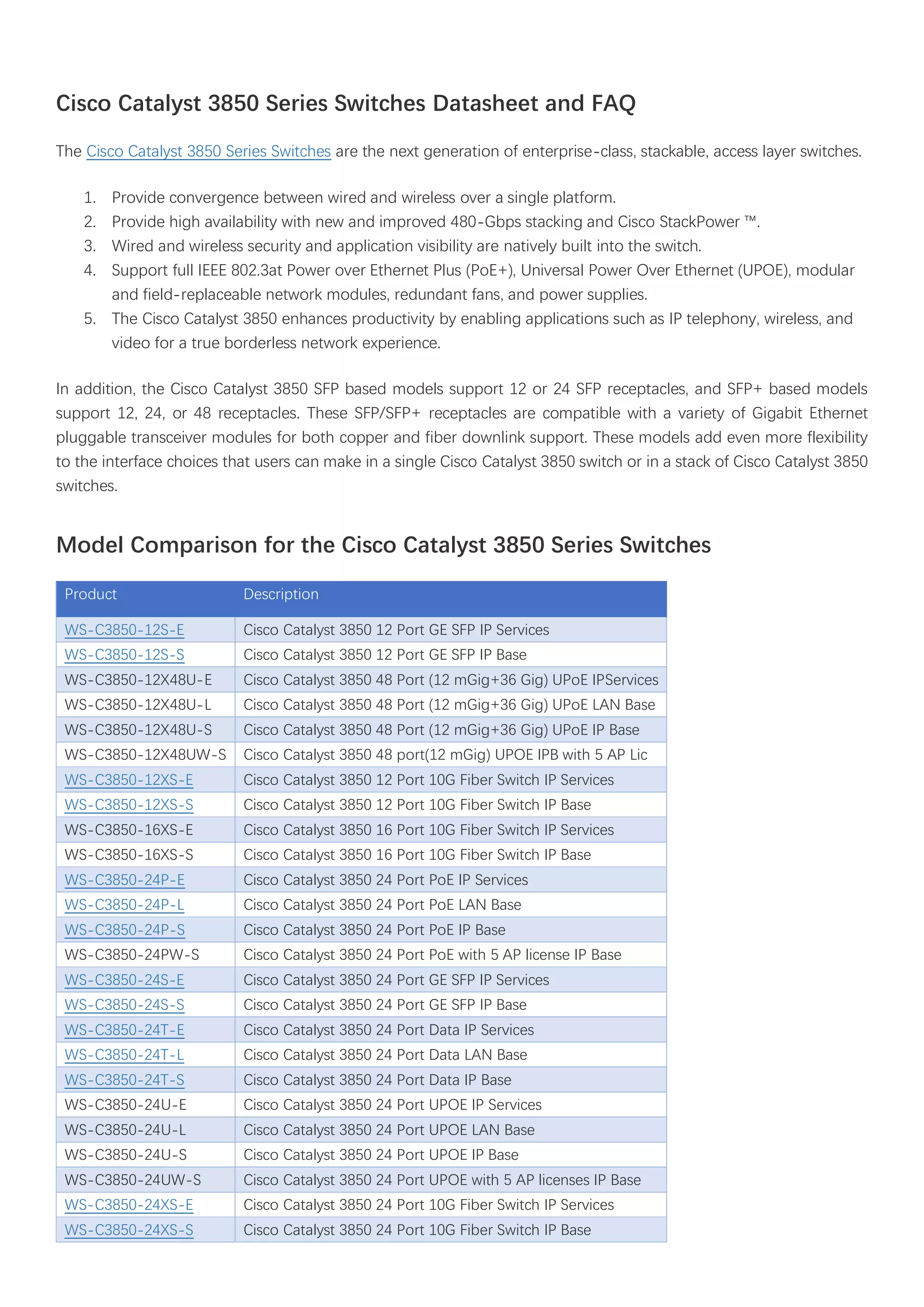 Cisco catalyst 3850 series switches datasheet and faq | PDF