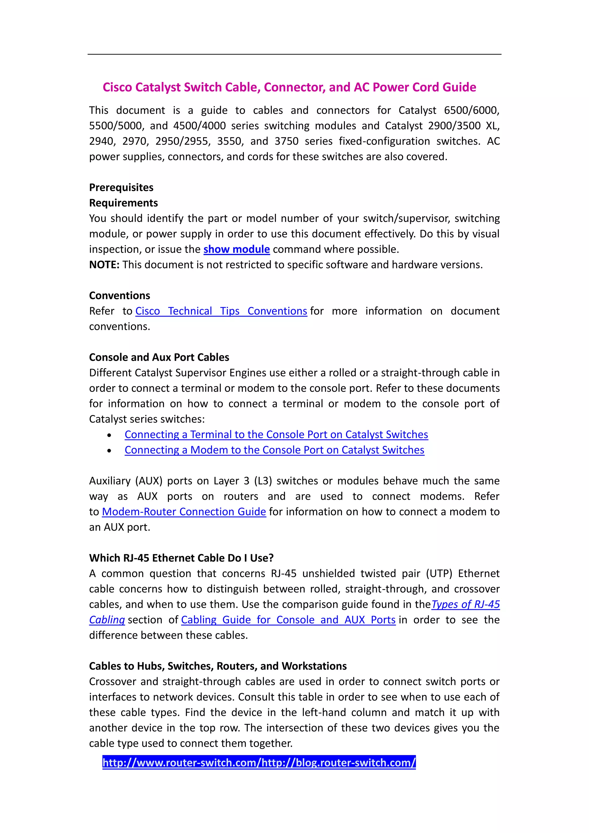 Cisco catalyst switch cable, connector, and ac power cord guide | DOCX
