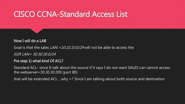 Cisco CCNA-Standard Access List | PPTX | Computer Networking | Computing