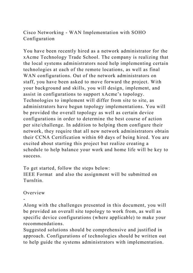 Cisco Networking - WAN Implementation with SOHO ConfigurationYou.docx