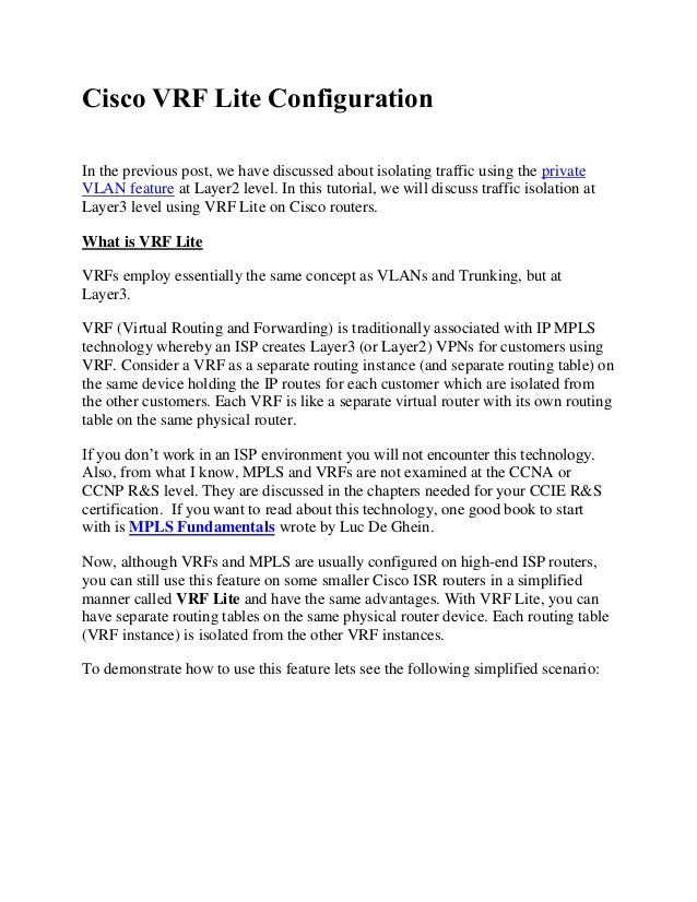Cisco VRF Lite Configuration