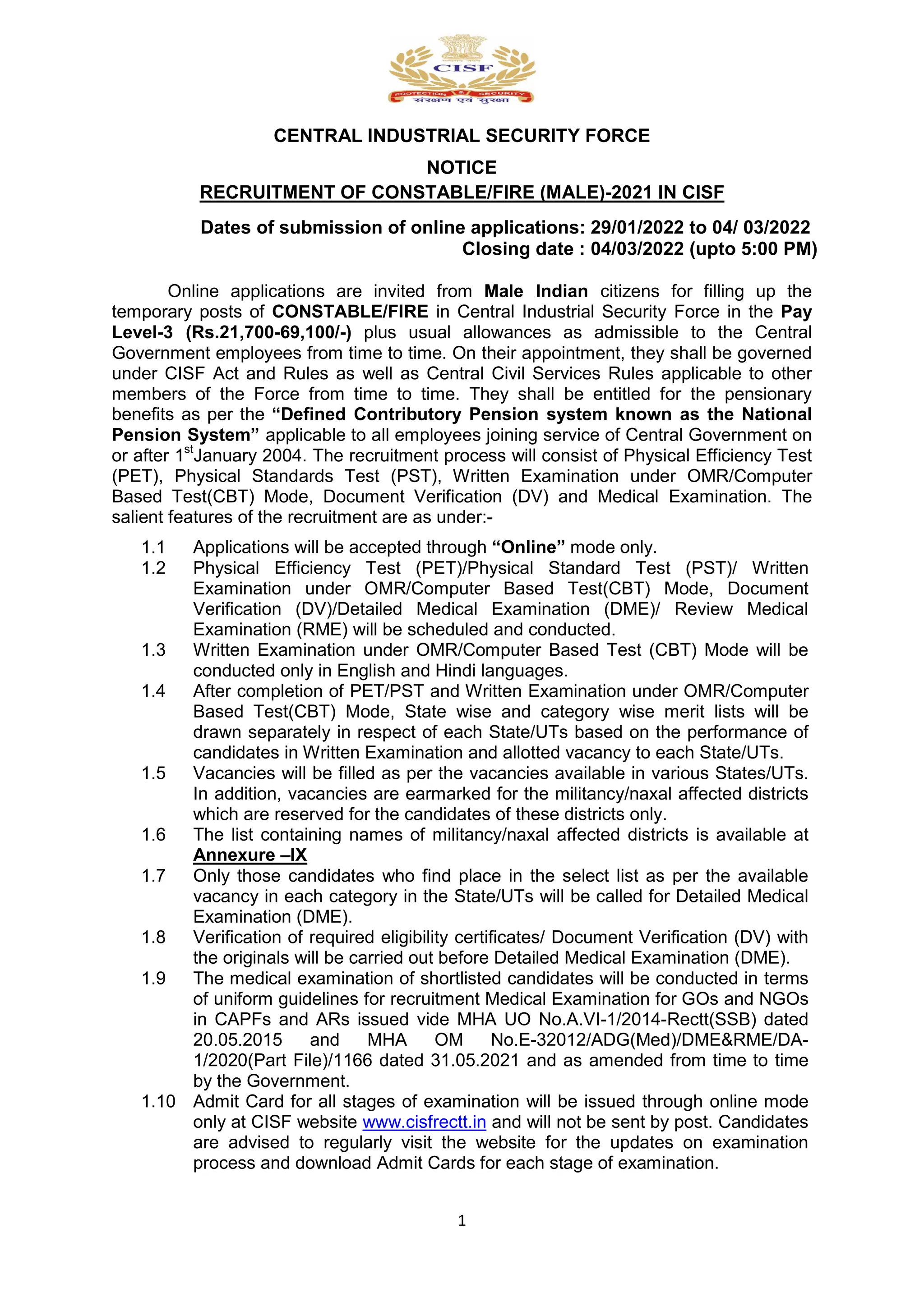 CISF Fireman & Constable Job (Male) 2024 | PDF